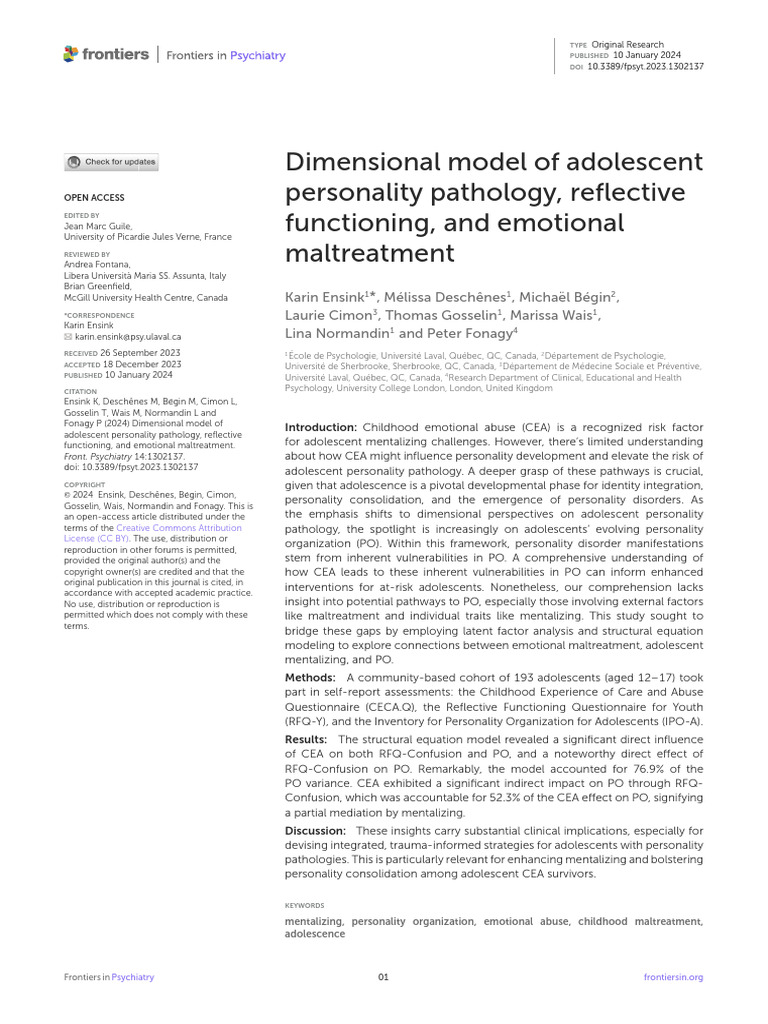Dimensional model of adolescent personality pathology, reflective ...