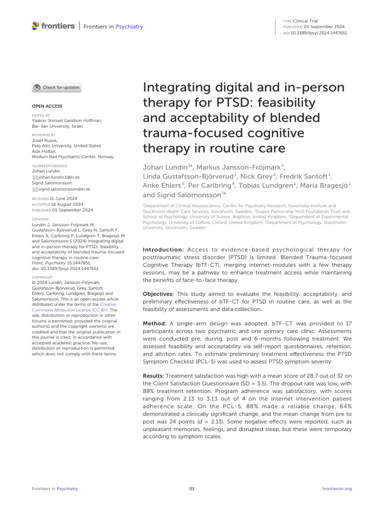 Integrating Digital and In-Person Therapy For PTSD - Feasibility and Acceptability of Blended ...