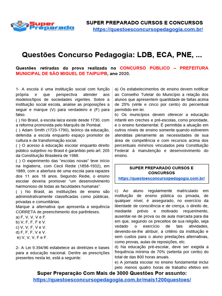 Questões Concurso Pedagogia - LDB, ECA, PNE, ... | PDF | Pedagogia | Pré-escola