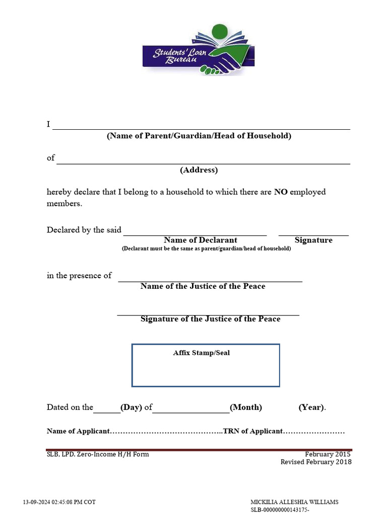 Zero Income Household Declaration Form | PDF