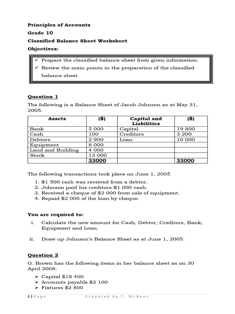 Grade 10 POA Classified Balance Sheet Worksheet | PDF | Balance Sheet ...