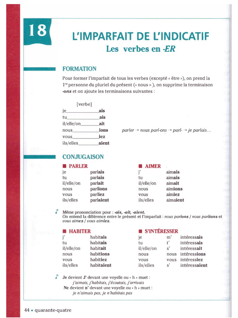 L'imparfait les verbes en -ER indicatif 46,47 | PDF