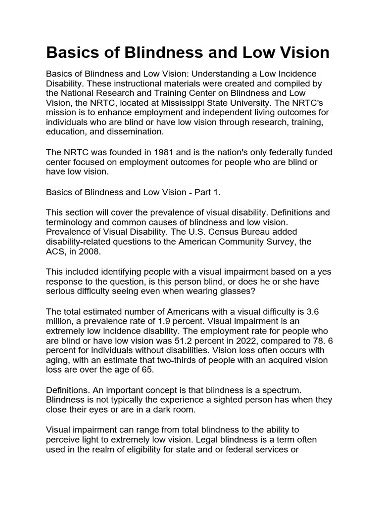 Basics of Blindness and Low Vision Transcript | PDF | Visual Impairment ...