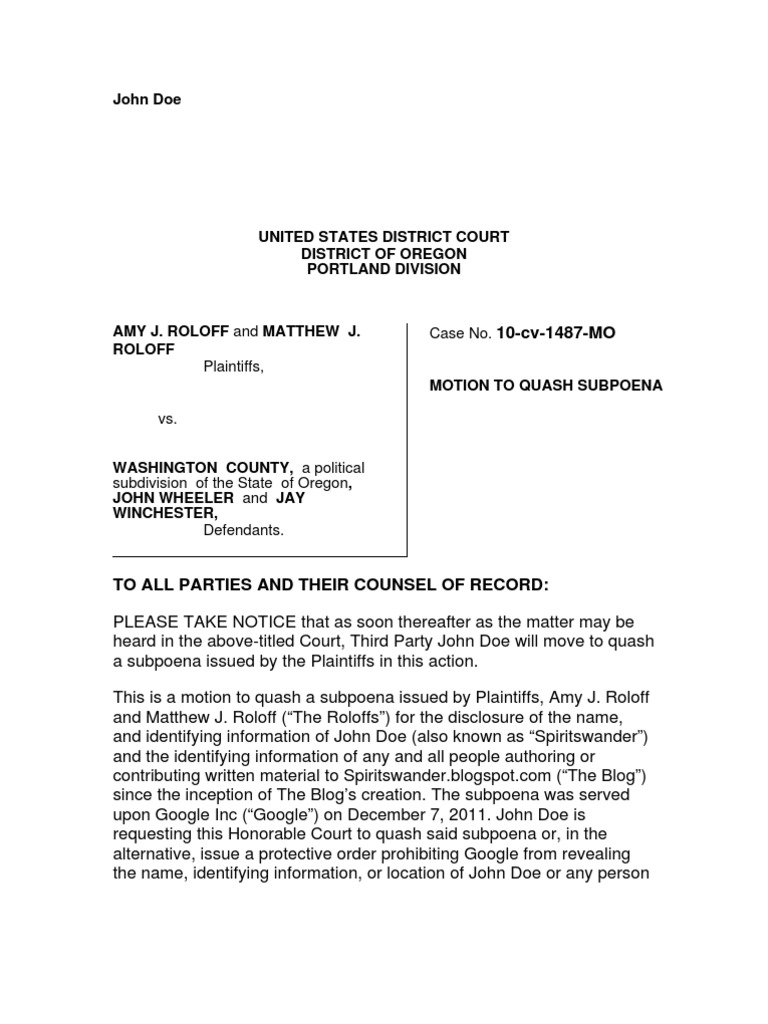 Motion To Quash Subpoena | PDF | First Amendment To The United States ...