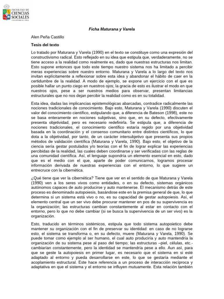 Alen Peña Castillo - Ficha Maturana y Varela | PDF | Conocimiento ...