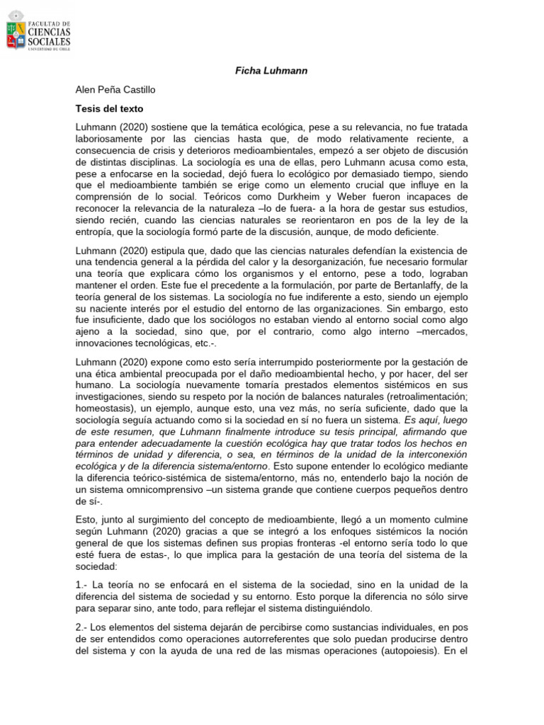 Alen Peña Castillo - Ficha Luhmann | PDF | Sociología | Sociedad