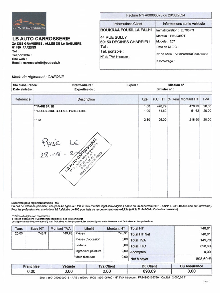 Facture 207 Pare Brise | PDF