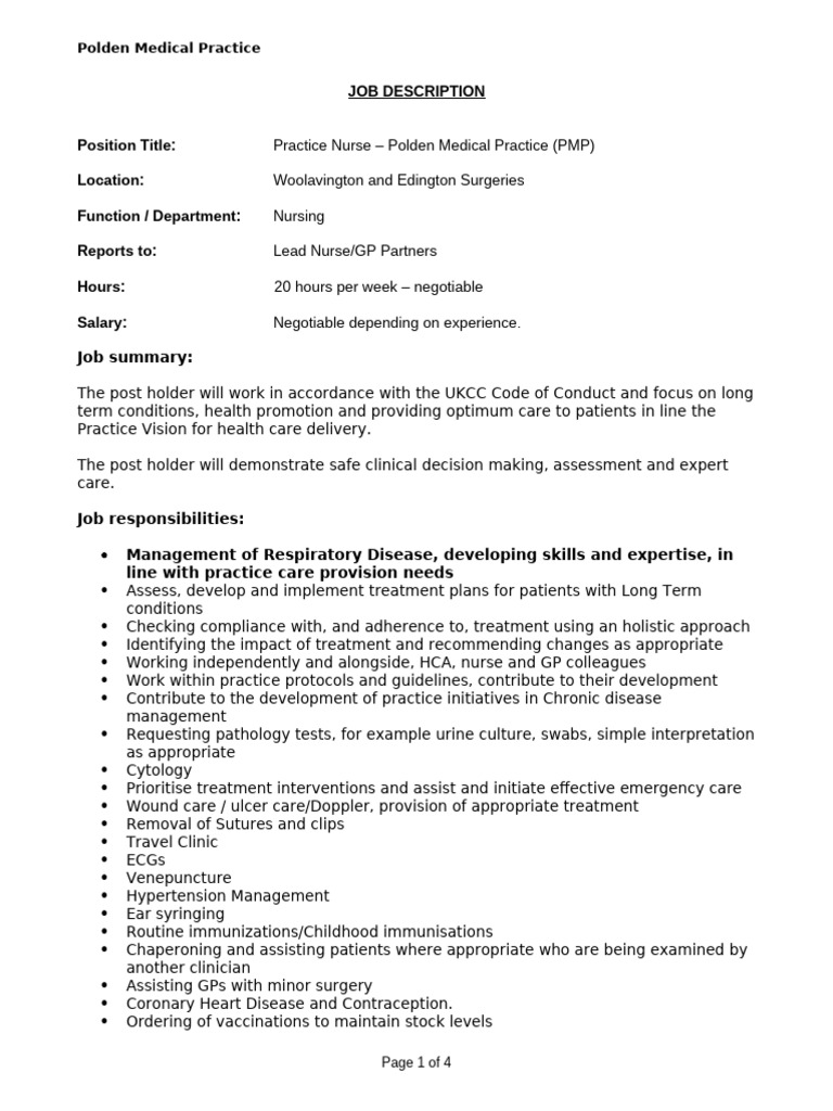 Practice Nurse Job Description at PMP | PDF | Health Sciences | Medical ...