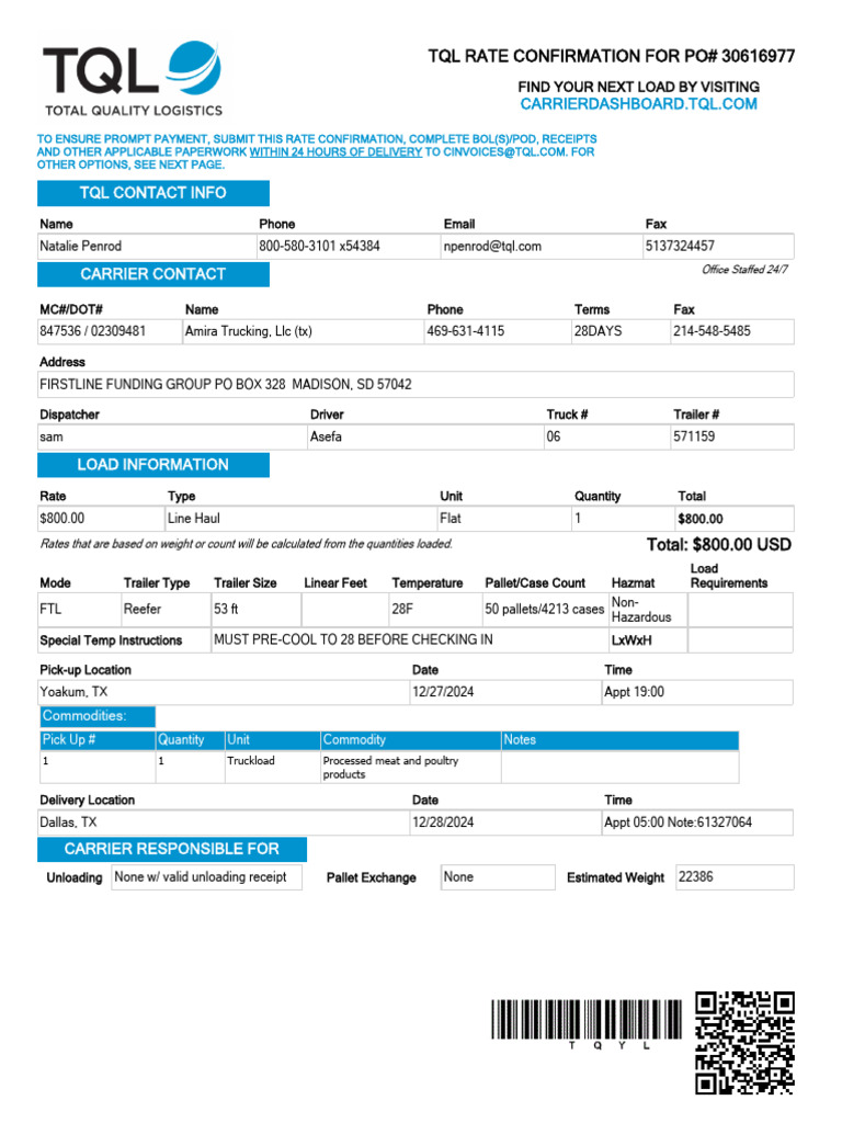 TQL Rate Confirmation PO#30616977 | PDF | Per Diem | Cargo