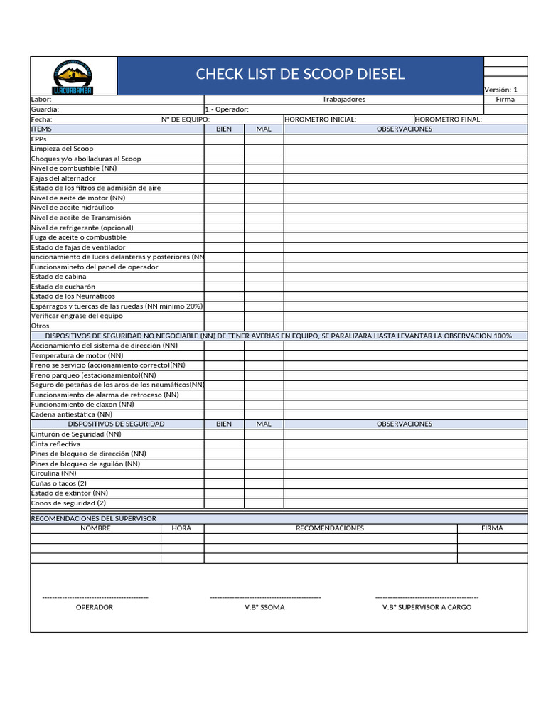 Checklist de Seguridad para Scoop Diesel | PDF