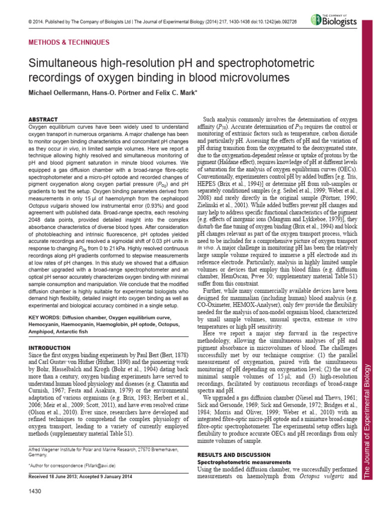 Simultaneous High-Resolution PH and Spectrophotometric Recordings of Oxygen Binding in Blood ...