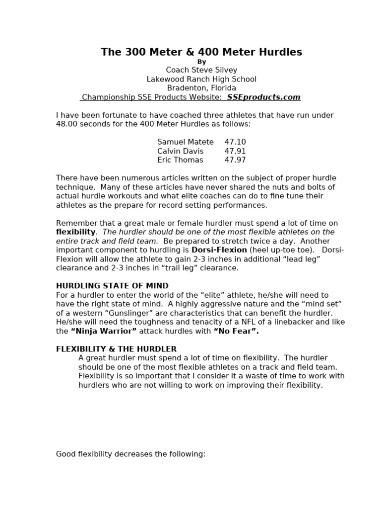 Mastering 300 & 400 Meter Hurdles Techniques | PDF | Flexibility ...