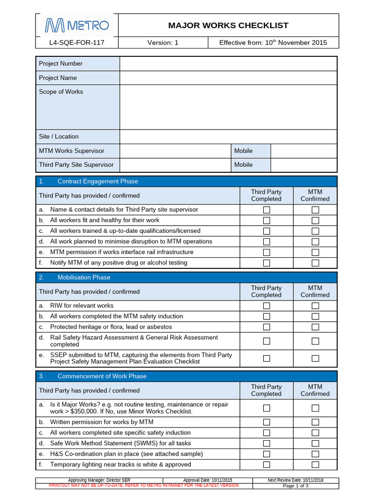 Major Works Compliance Checklist | PDF | Safety