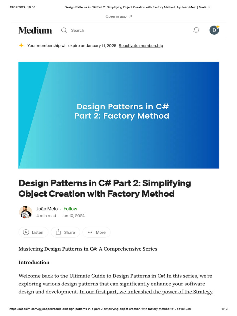 Design Patterns In C Part 2 Simplifying Object Creation With Factory Method By João Melo