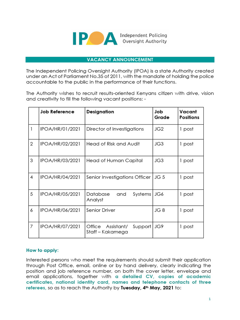 IPOA Job Vacancies April 2021 | PDF | Internal Audit | Internal Control