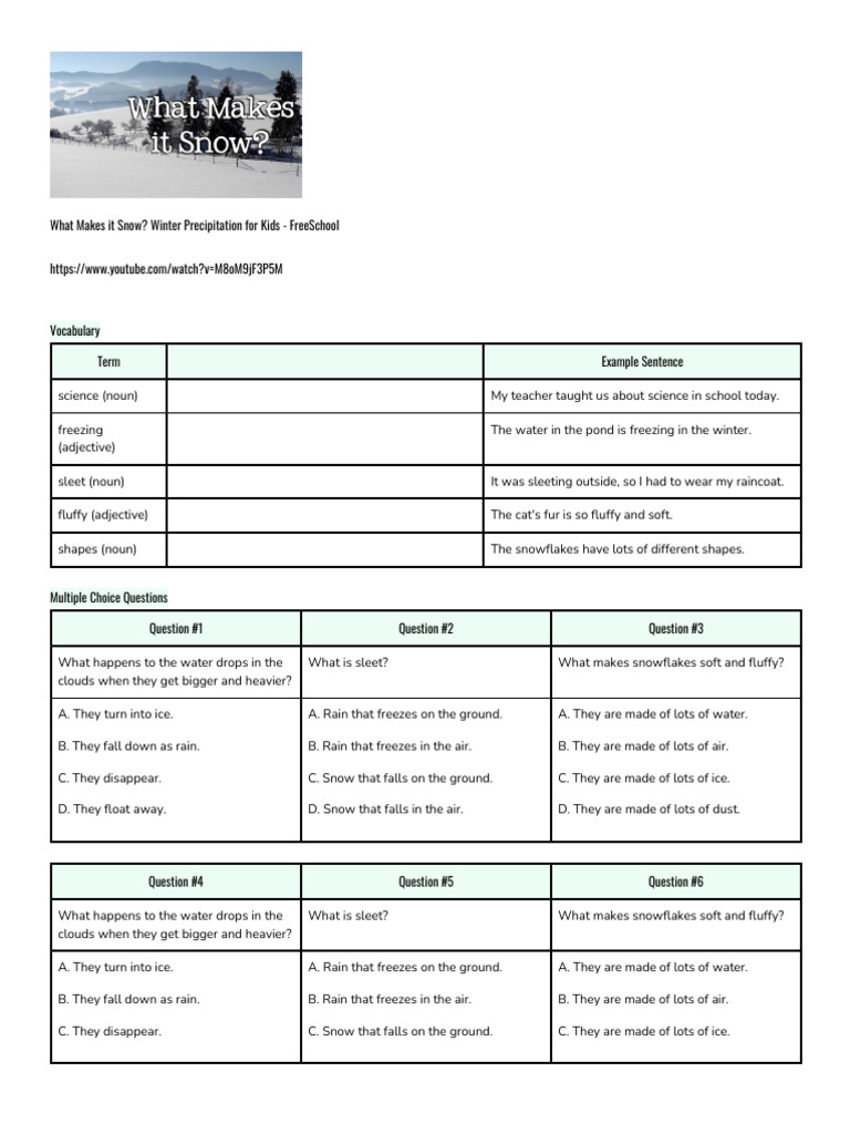Snow Made Worksheet ESL | PDF | Ice | Precipitation