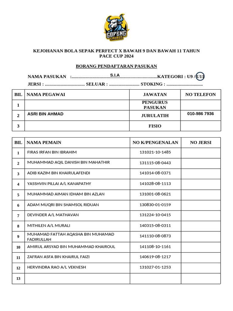 Pendaftaran Kejuaraan Bola Sepak U9 U11 | PDF