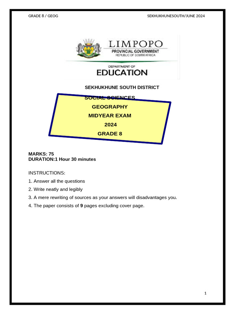 Grade 8 Geography June Exam 2024 | PDF | Latitude | Geography