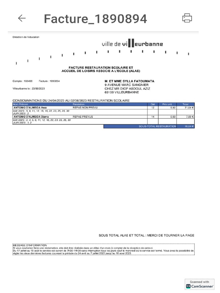 Factures Cantine 2223 Et 2324 | PDF