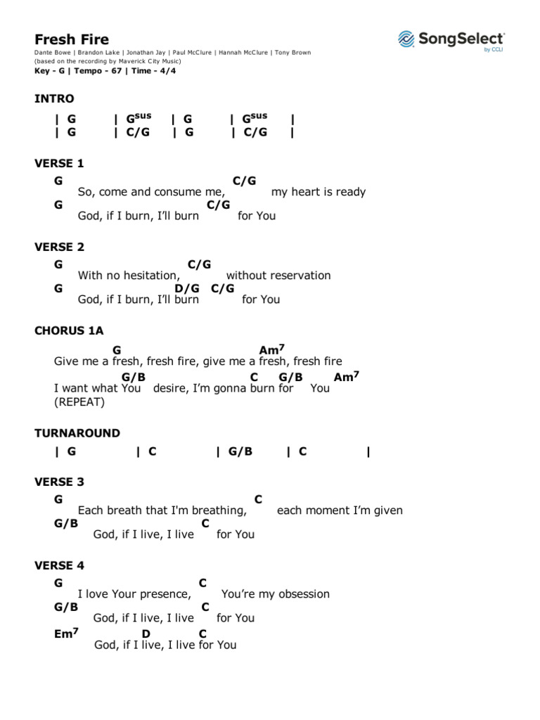 Fresh Fire - SongSelect Chart in G | PDF | Christian Music