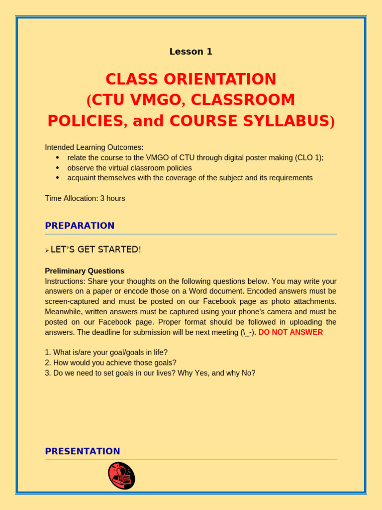 BIT 1 H GEC PC Lesson 1 CTU VMGO CLASS RULES SYLLABUS 1STsem 2024 2025 | PDF | Communication ...