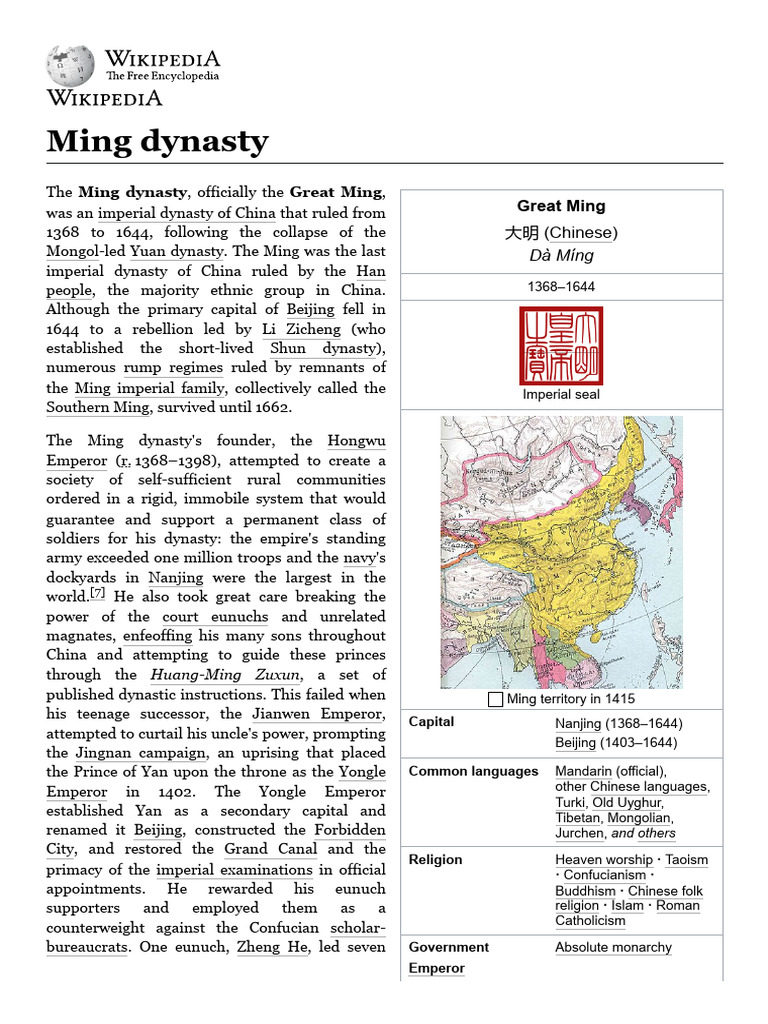 Ming Dynasty - Wikipedia | PDF | Qing Dynasty | Imperial China