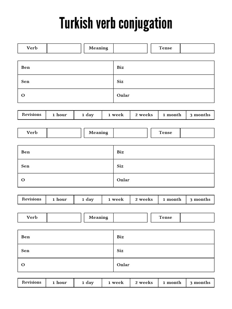 Minimal Turkish Verb Conjugation Sheet A5 5.8 8.3 in DESIGN 01 | PDF