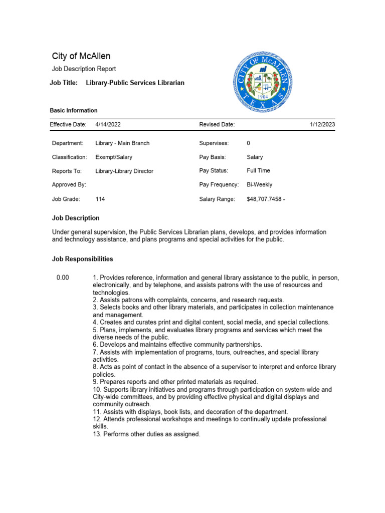 McAllen Public Services Librarian Job Description | PDF | Libraries ...