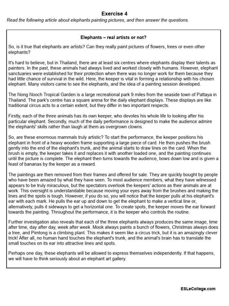 IGCSE ESL Reading Exercise 4 Questions Elephants Artists | PDF | Elephant