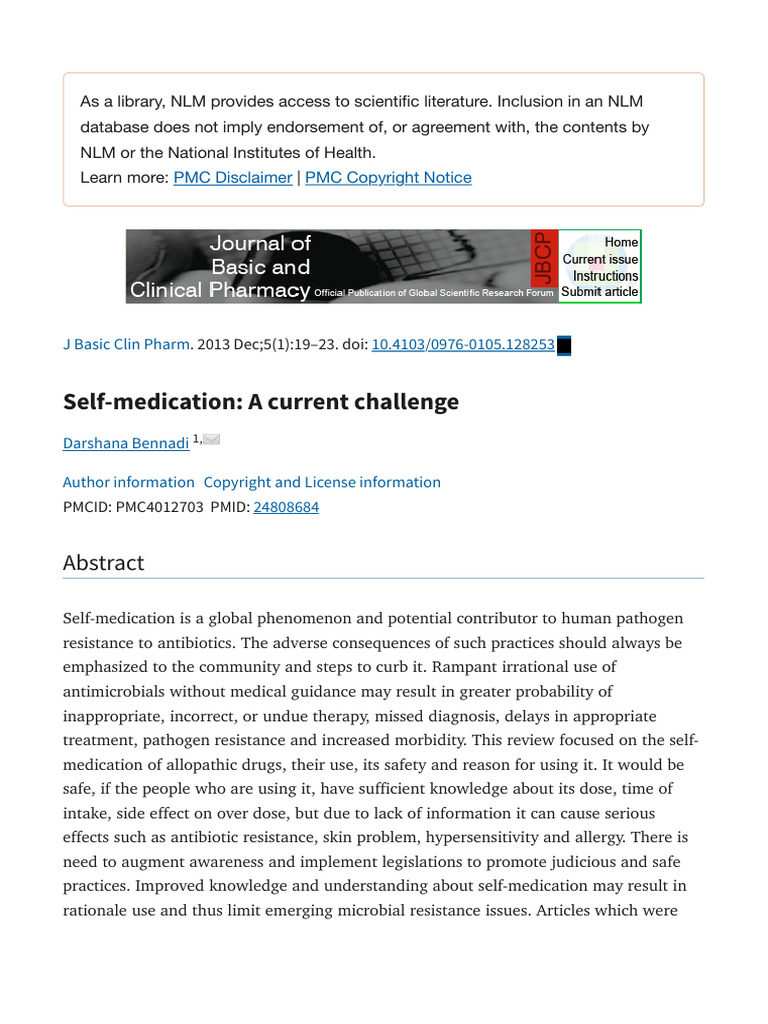 Self-Medication - A Current Challenge - PMC | PDF | Antimicrobial ...