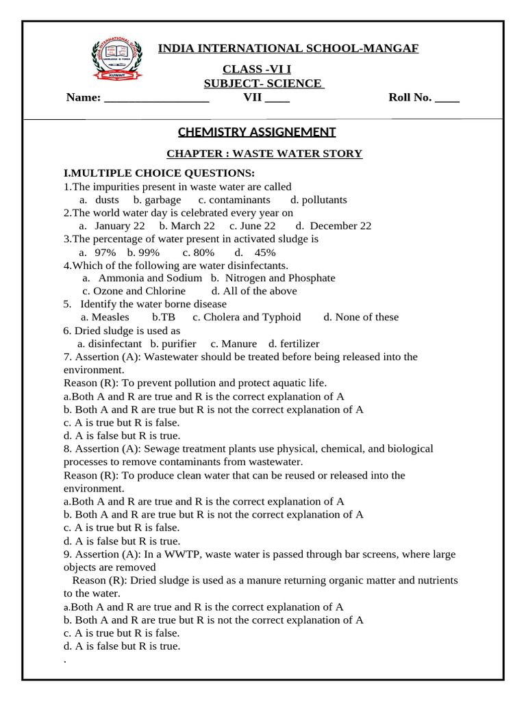 20240927092620IIS I .Class7 Chapter Wastewaterstory Chemistry Assignment-2 | PDF | Sewage ...