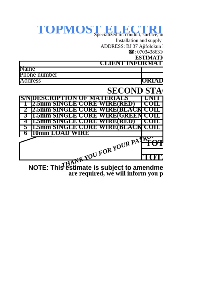 Electrical Wiring Estimate Form | PDF