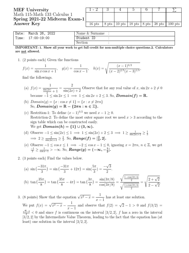 Math115 133 2021 22 Spring Midterm 1 Answer Key | PDF | Tangent | Trigonometric Functions