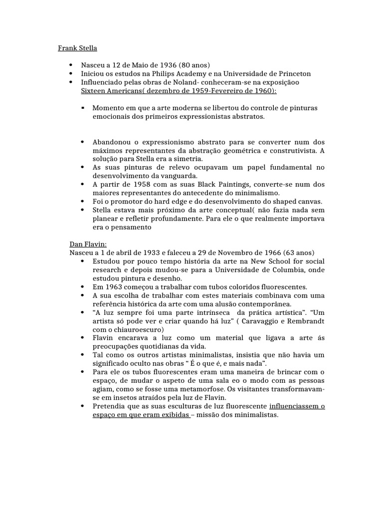 Frank Stella e Dan Flavin: Vanguarda Minimalista | PDF