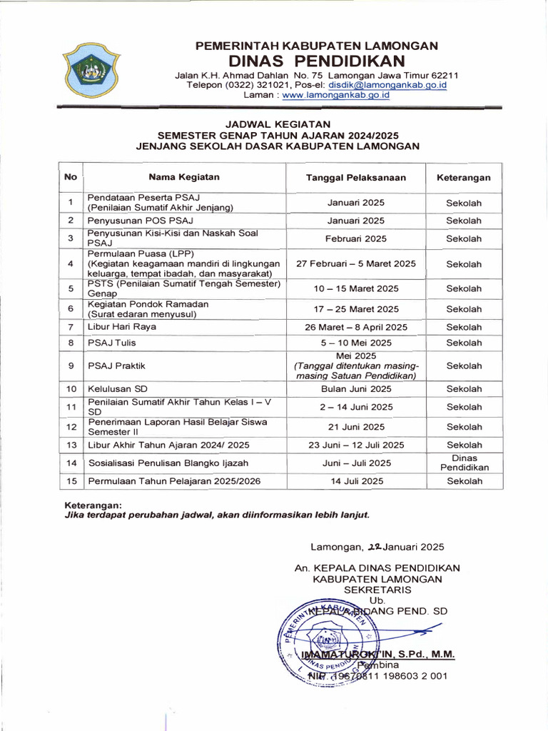 Agenda Kegiatan Semester Genap SD TA. 2024-2025 | PDF