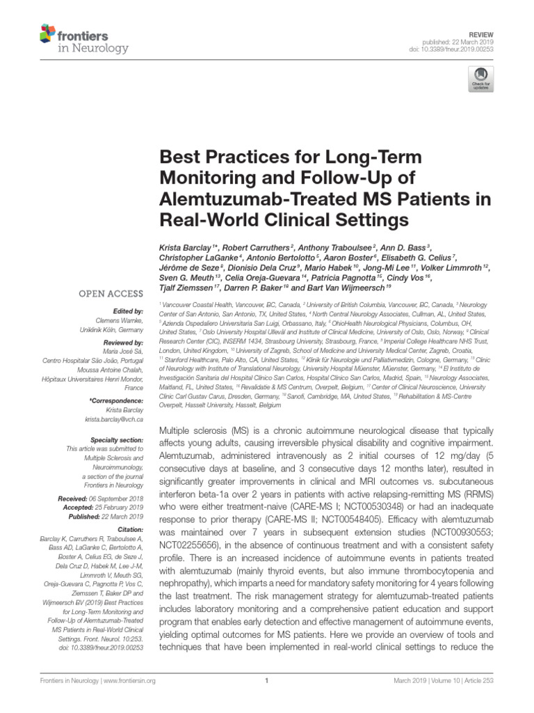 Barlay - Long-Term Management of Alemtuzumab in MS - Front Neurol 2019 | PDF | Multiple ...