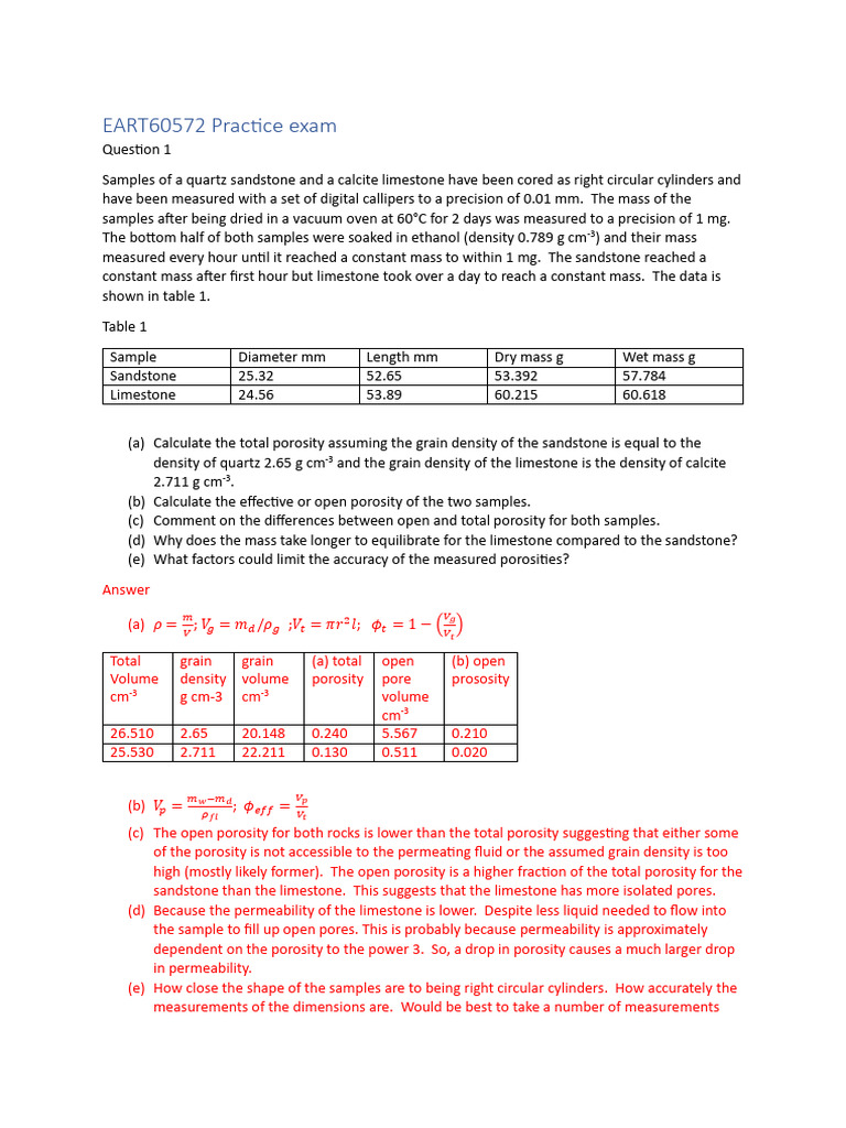 EART60572 Practice Exam 2024 Ans | PDF | Porosity | Stress (Mechanics)