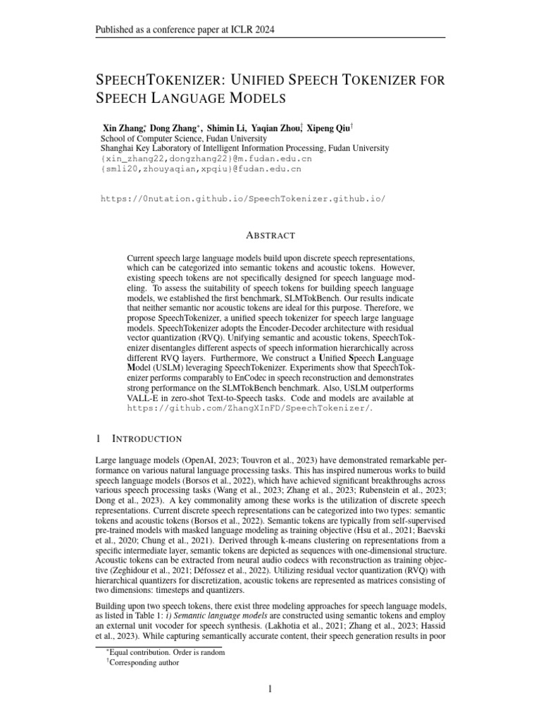 Unified Speech Tokenizer for Models | PDF | Information | Code