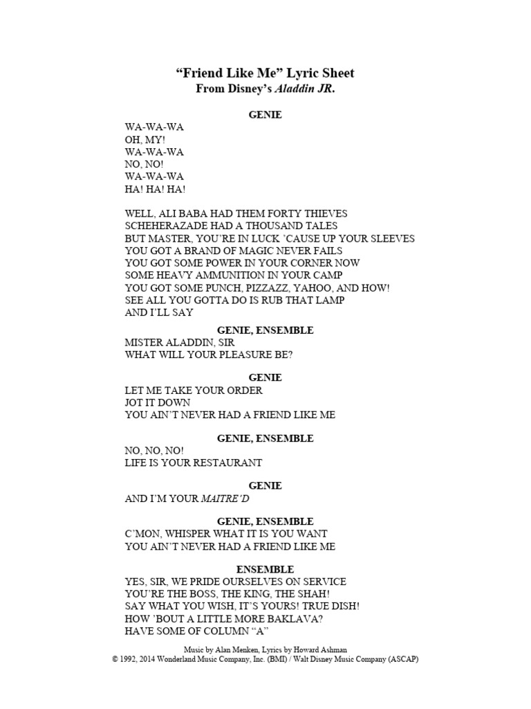 "Friend Like Me Lyrics - Aladdin JR" | PDF | The Walt Disney Company