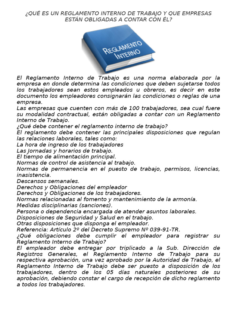 Reglamento Interno de Trabajo: Guía Esencial | PDF | Derecho laboral ...