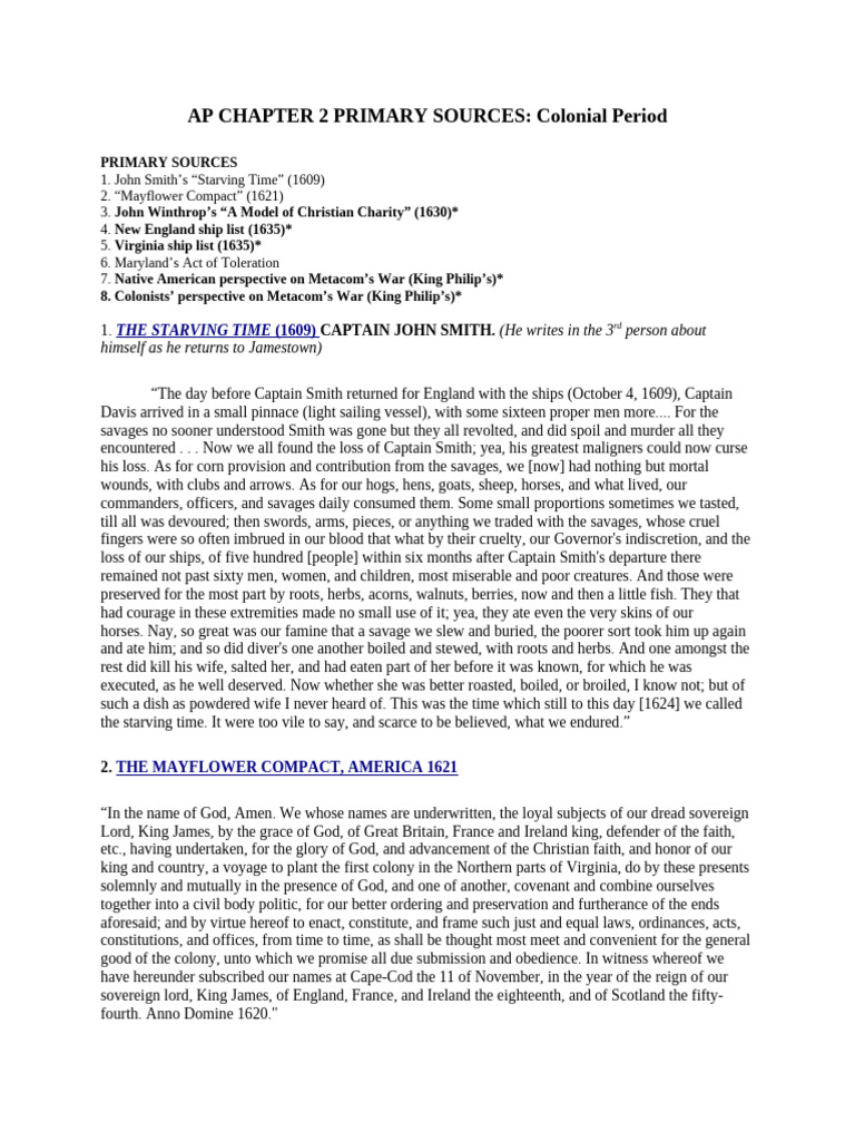 Ap Chapter 2 Primary Sources: Colonial Period: The Starving Time | PDF