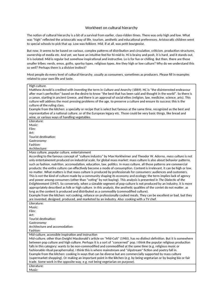 Cultural Hierarchy Handout | PDF | Liberal Arts Education