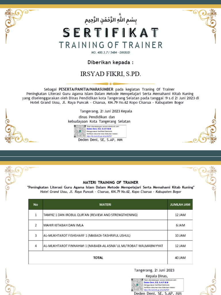 Serifikat TOT IRSYAD 2023 | PDF