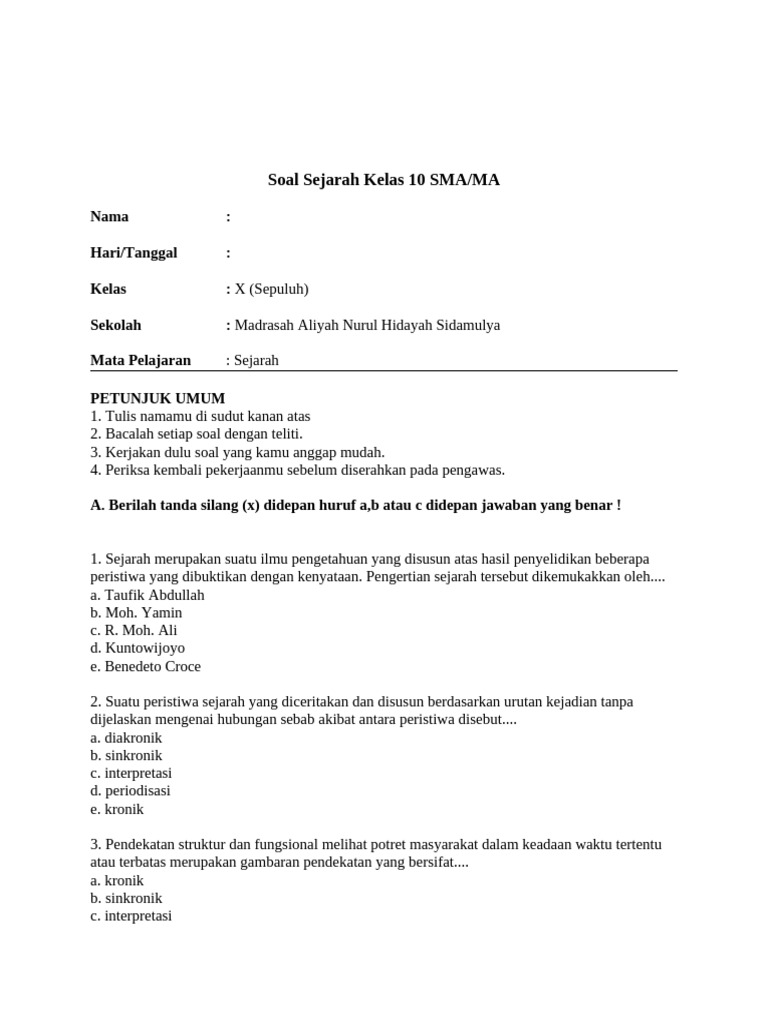 Soal Sejarah Kelas 10 MA | PDF