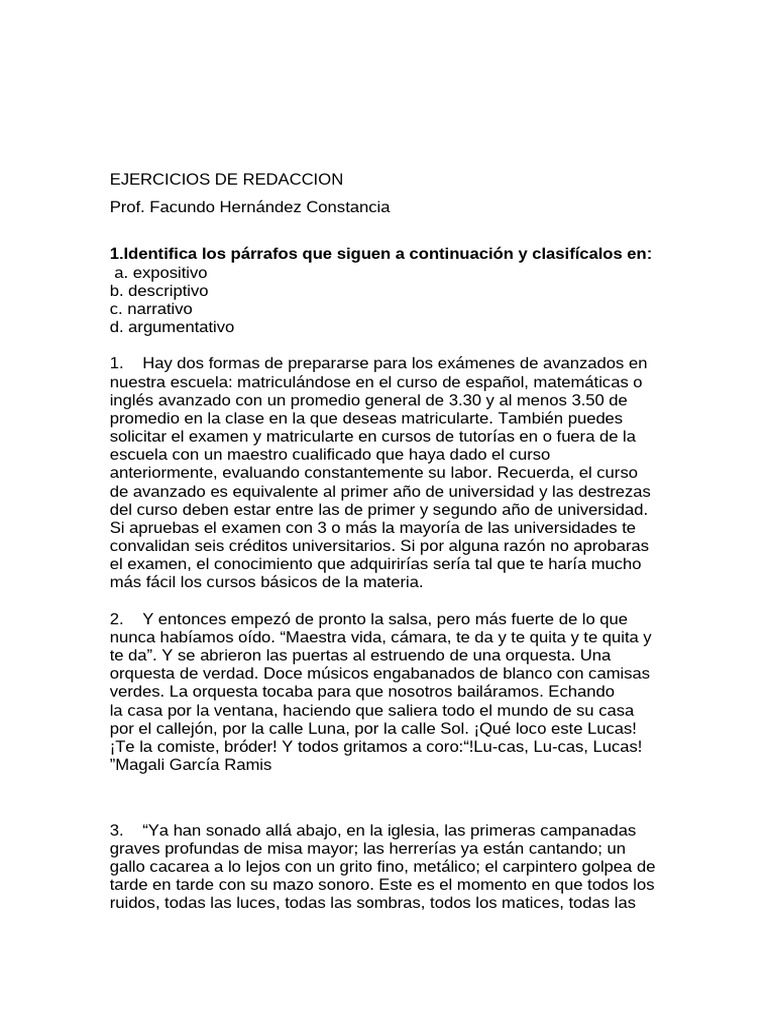 Ejercicios de Redacción y Análisis | PDF