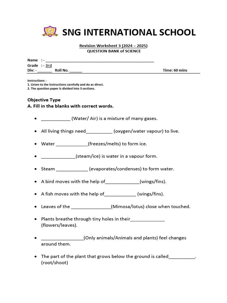 QUESTION BANK of 3rd Grade SCIENCE | PDF | Water | Leaf