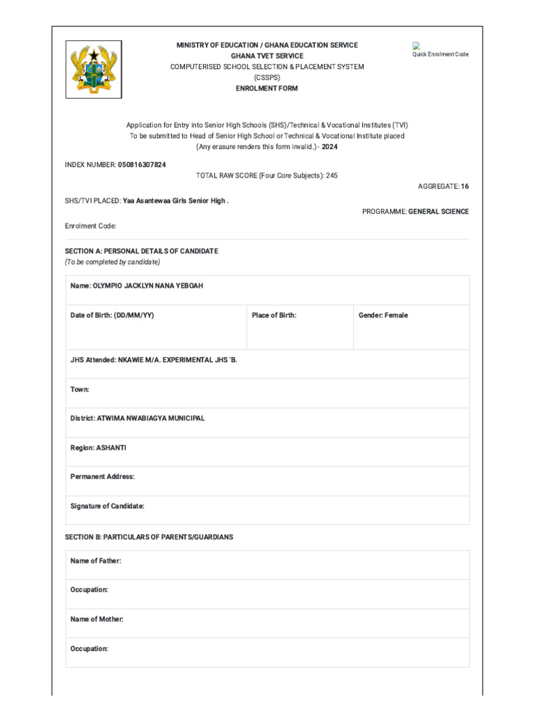 Cssps - Gov.gh Placement Enrolmentform | PDF
