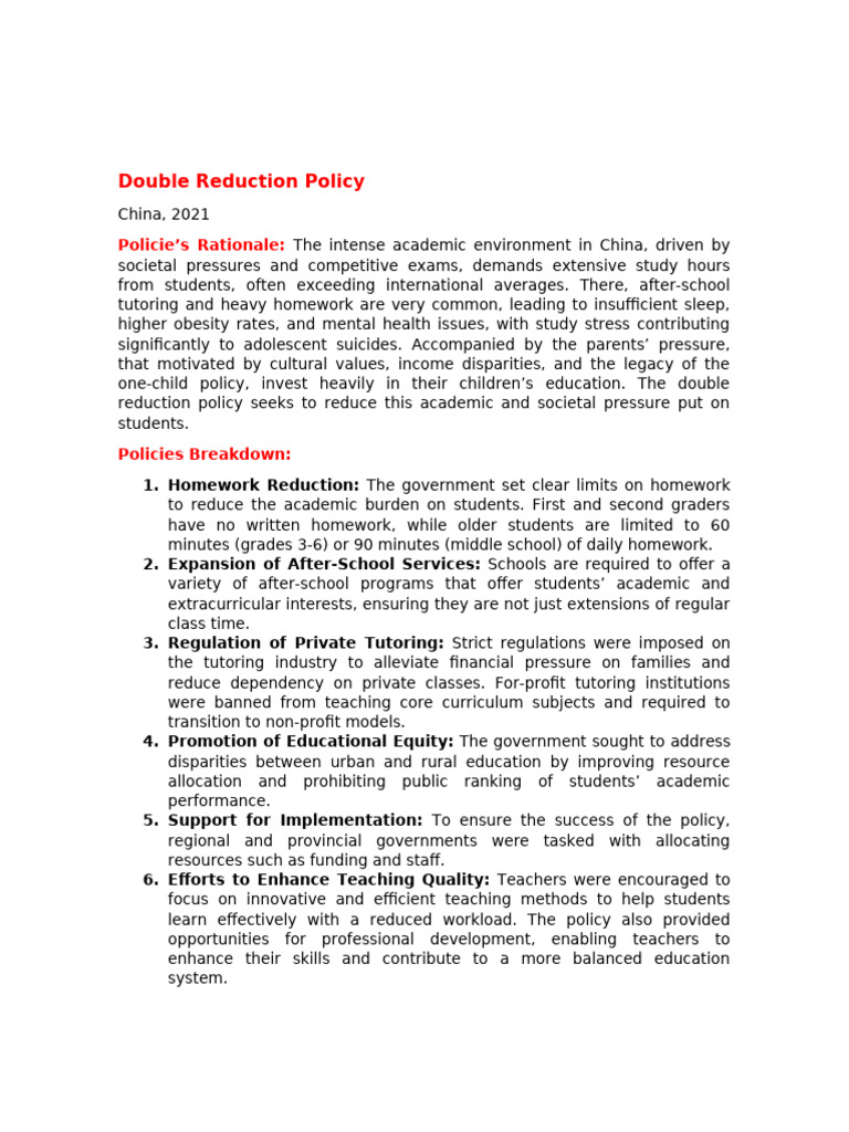 Double Reduction Policy | PDF