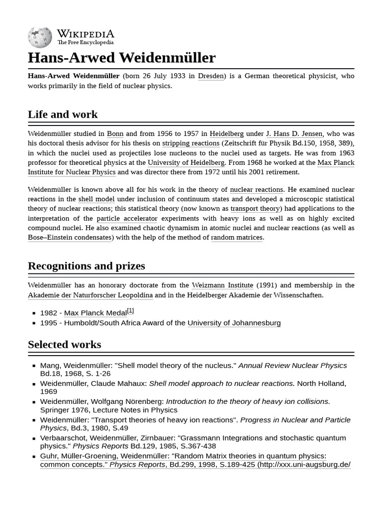 Hans-Arwed_Weidenmüller | PDF | Physical Sciences | Applied And Interdisciplinary Physics