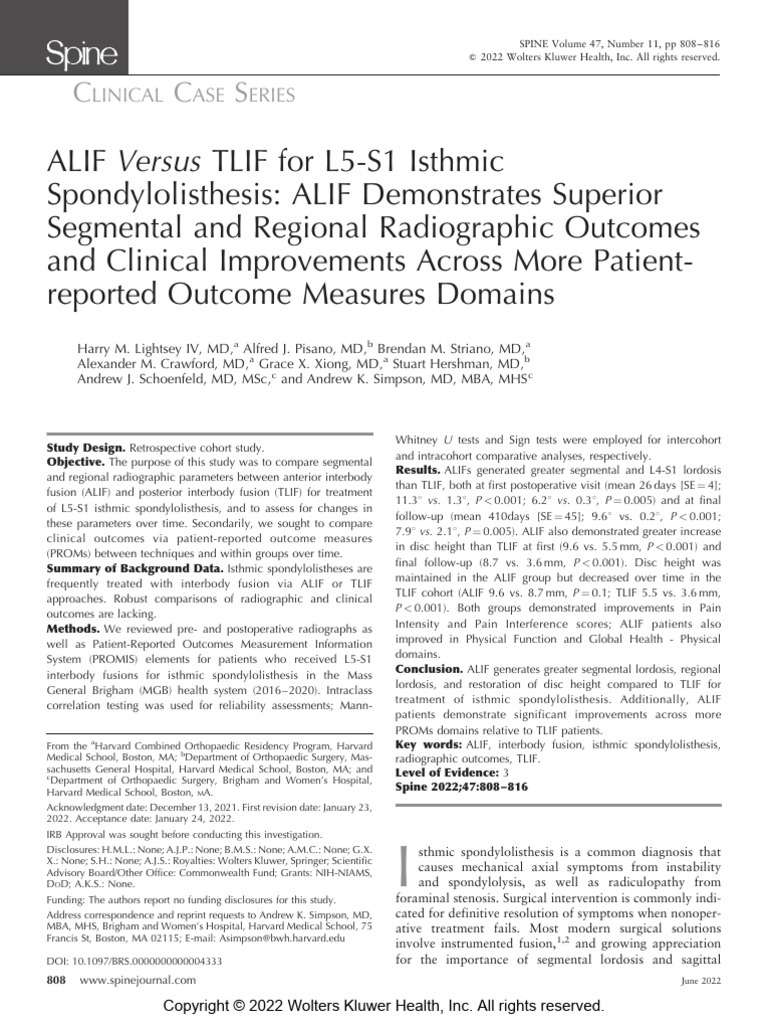 ALIF Versus TLIF For L5-S1 Isthmic Spondylolisthesis | PDF